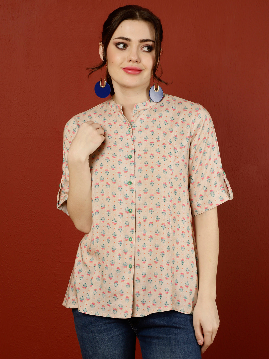 Buy Beige Digital Printed Princess Cut Top - Jaipur Kurti