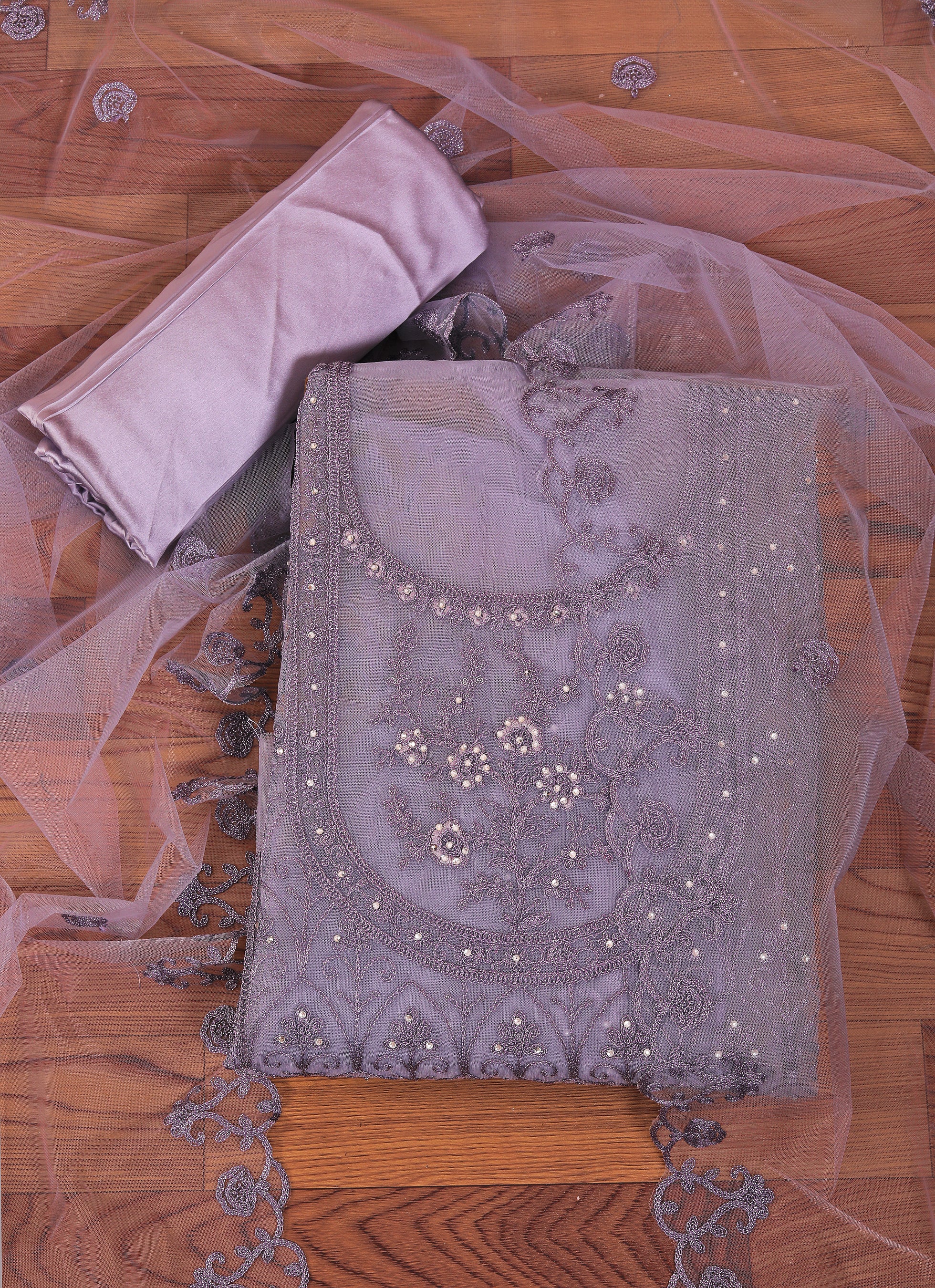 Lavender Heavy Embroidered Net Dress Material with Dupatta