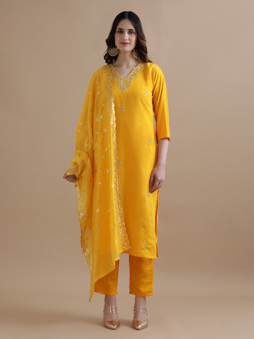 Embroidered Chanderi Cotton Ethnic Motifs Kurta Sets With Dupatta - Jaipur Kurti