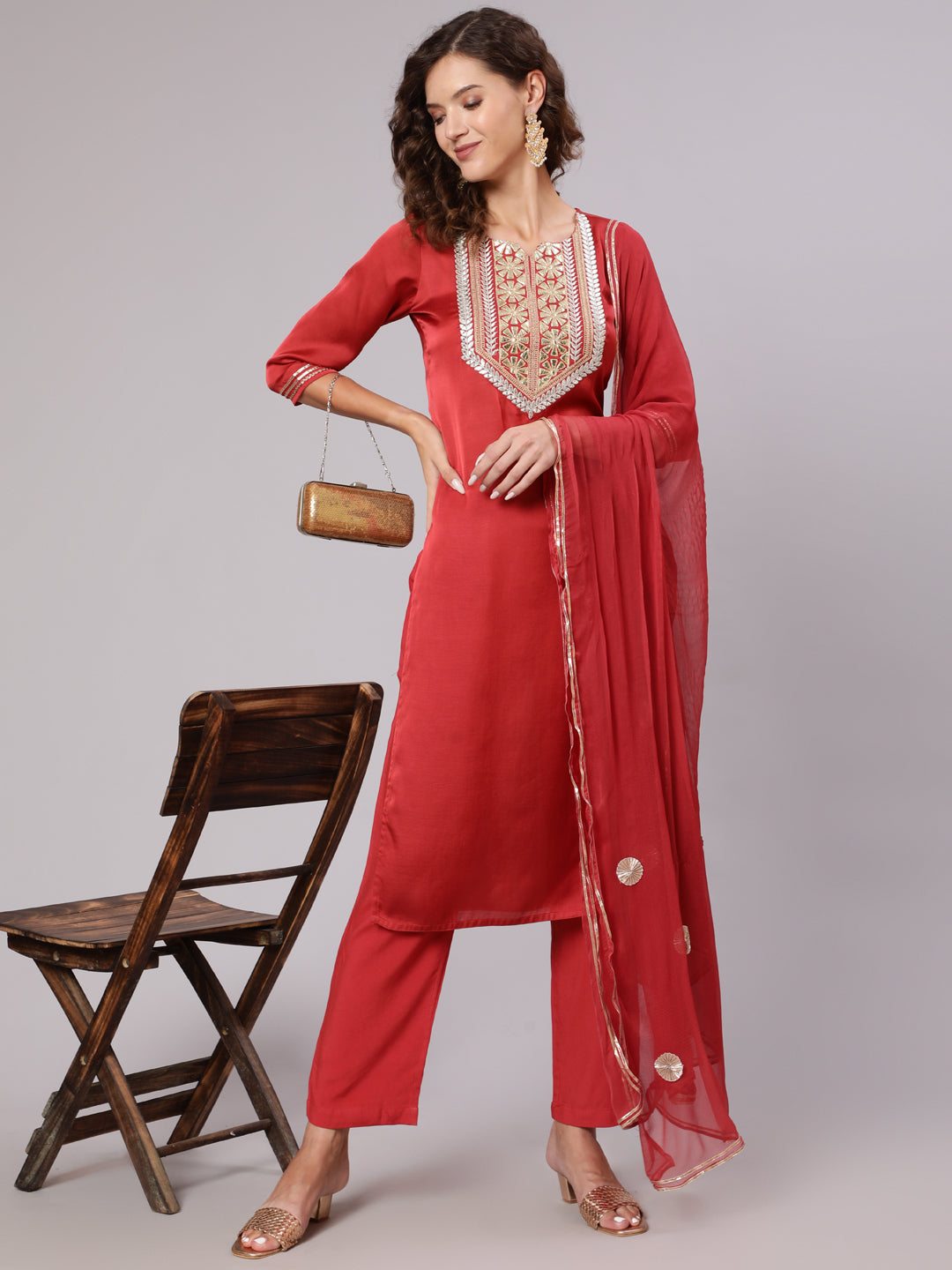 Buy Rust Gota Pati Kurta With Pants And Dupatta - Jaipur Kurti