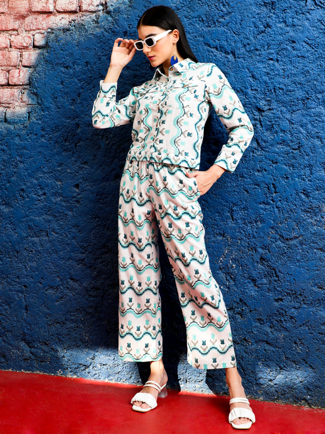 Buy Ikat Printed Cream & Turquoise Blue Jacket With Palazzo Co-ord Set ...