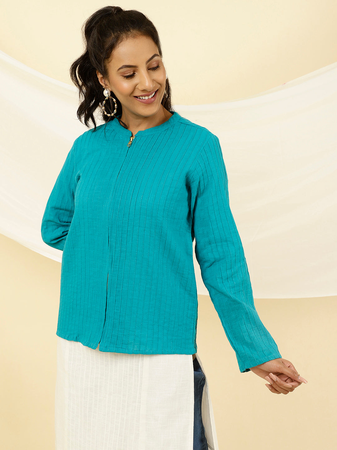 Turquoise Blue Pintuck Cotton Jacket
