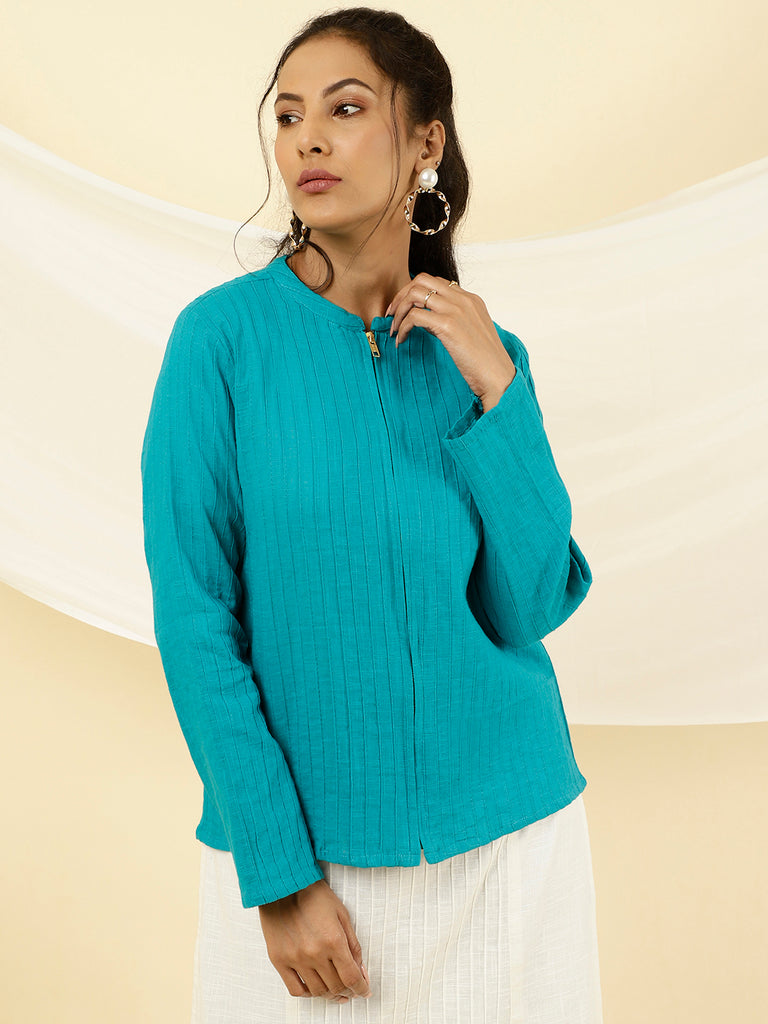 Turquoise Blue Pintuck Cotton Jacket